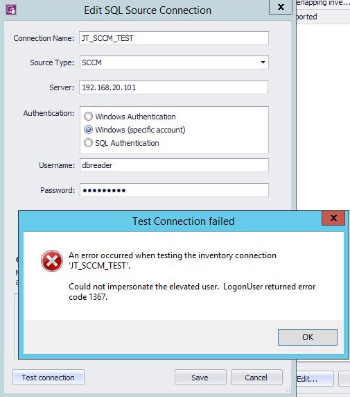 Test Connection failed with "Could not impersonate the elevated user ...