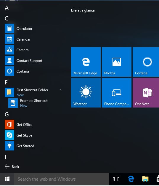 Windows 10 Start Menu Shortcut subfolders