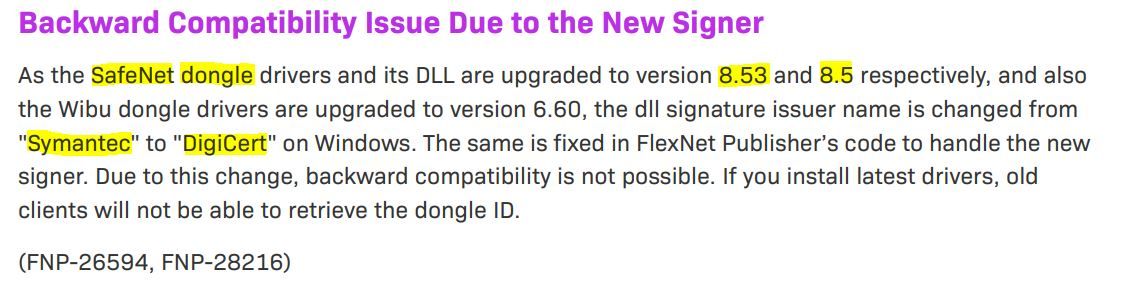 SafeNet dongle drivers support and backward compatibility